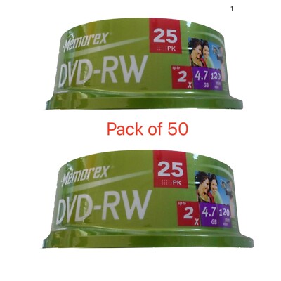 50 x Memorex Blank DVD-RW discs 2x 4.7GB 120 mins Rewritable Spindle ...
