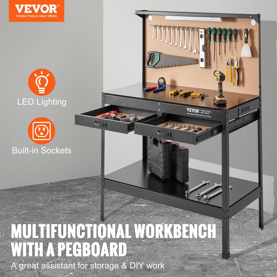 VEVOR Multifunctional Workbench 48x24" with Pegboard Worktable w/ Power ...