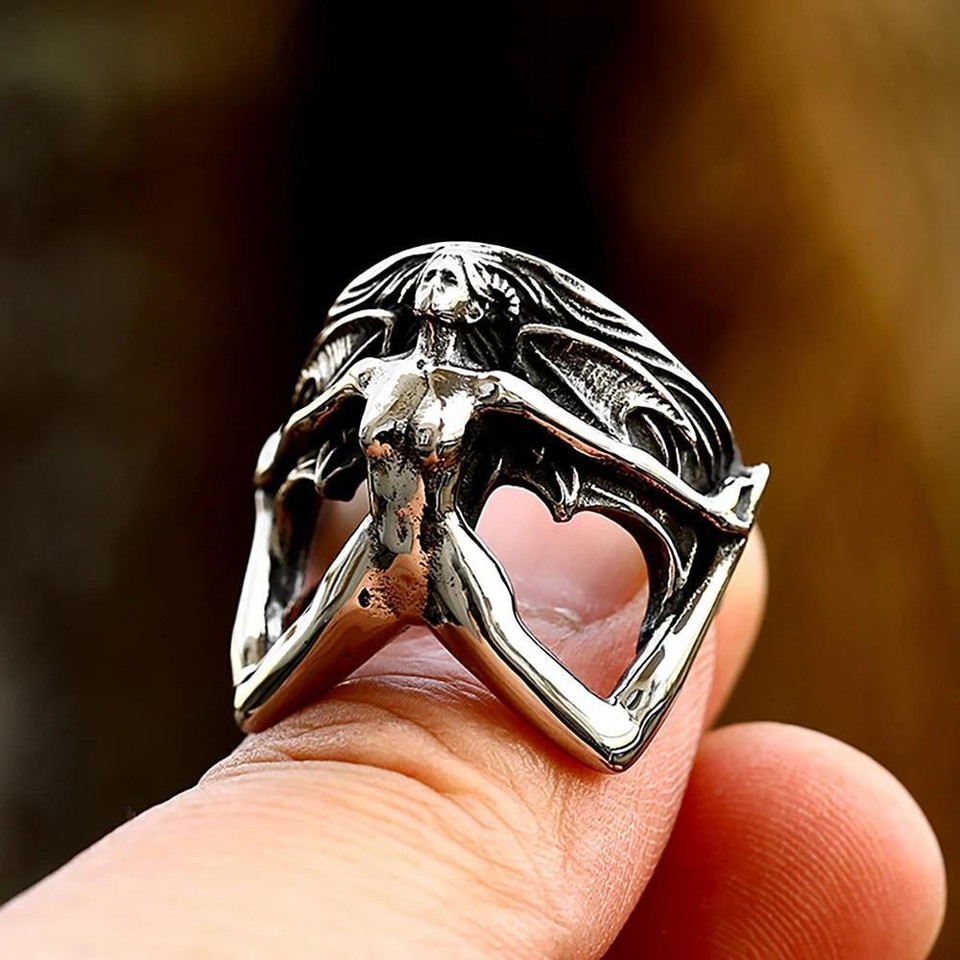 Men's Women's Gothic Wing Demon Skull Ring Stainless Steel Naked Devil Punk Ring | eBay