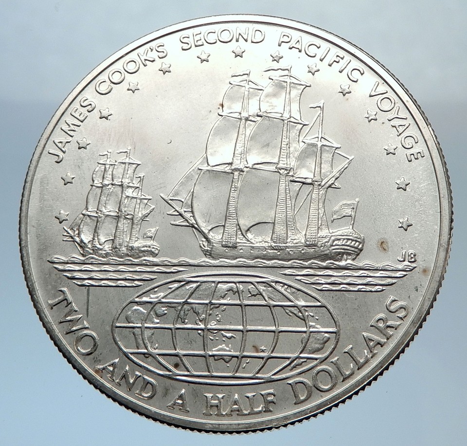 1973 COOK ISLANDS Elizabeth II James Cook Antique Silver 2.5 Dollar ...