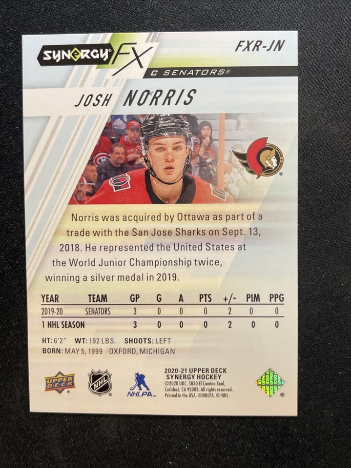 20-21 UD Synergy Hockey RC Rookie FXR-JN Josh Norris /749 | eBay