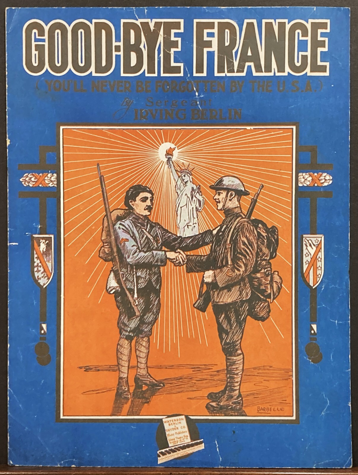 1918 WWI "GOOD-BYE FRANCE" MILITARY SHEET MUSIC - IRVING BERLIN COLOR ...