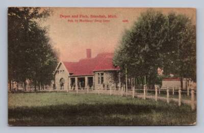 Train Depot & Public Park STANDISH Michigan Antique Hand Colored ...