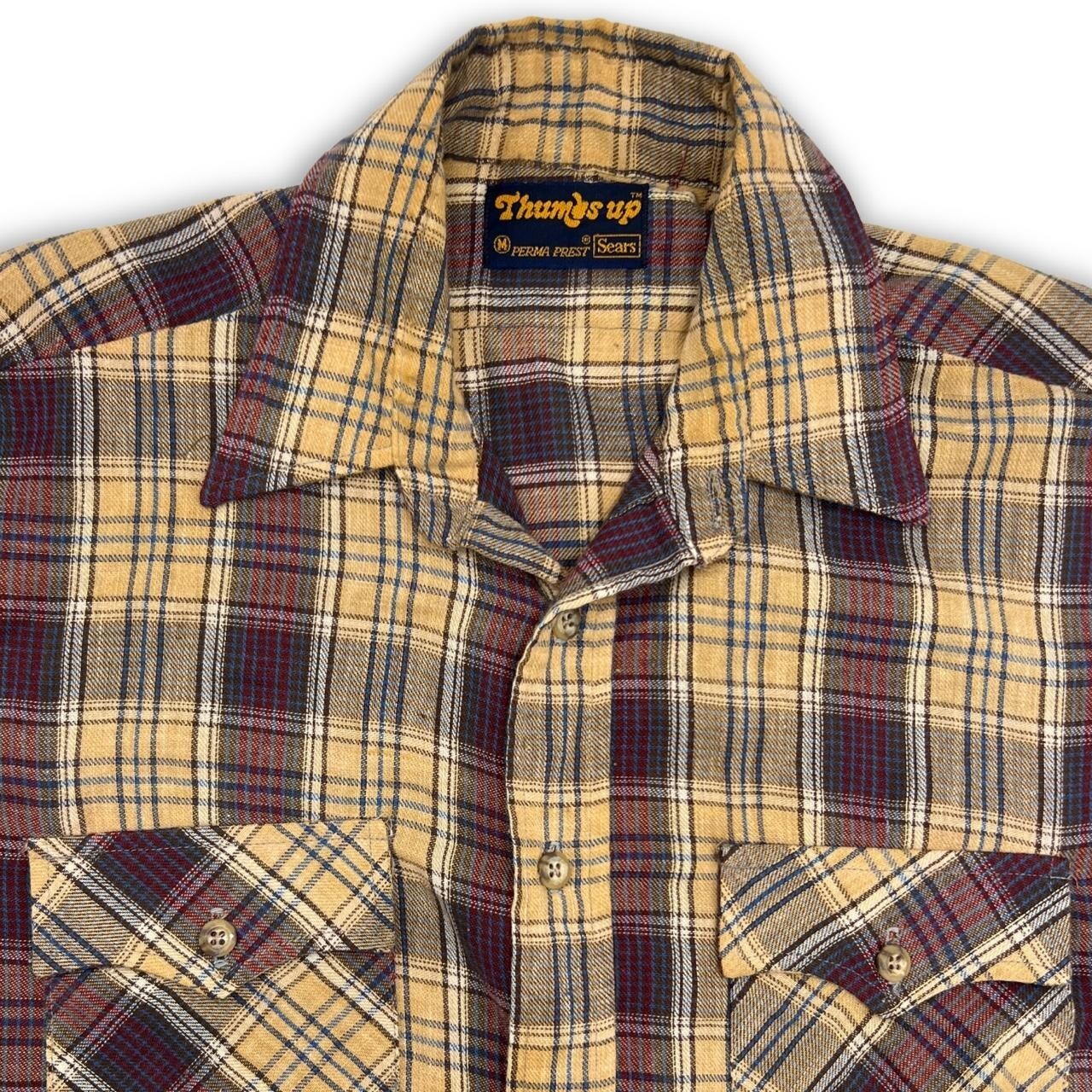 Vintage 70s Plaid Flannel Shirt Yellow & Burgundy Red… - Gem