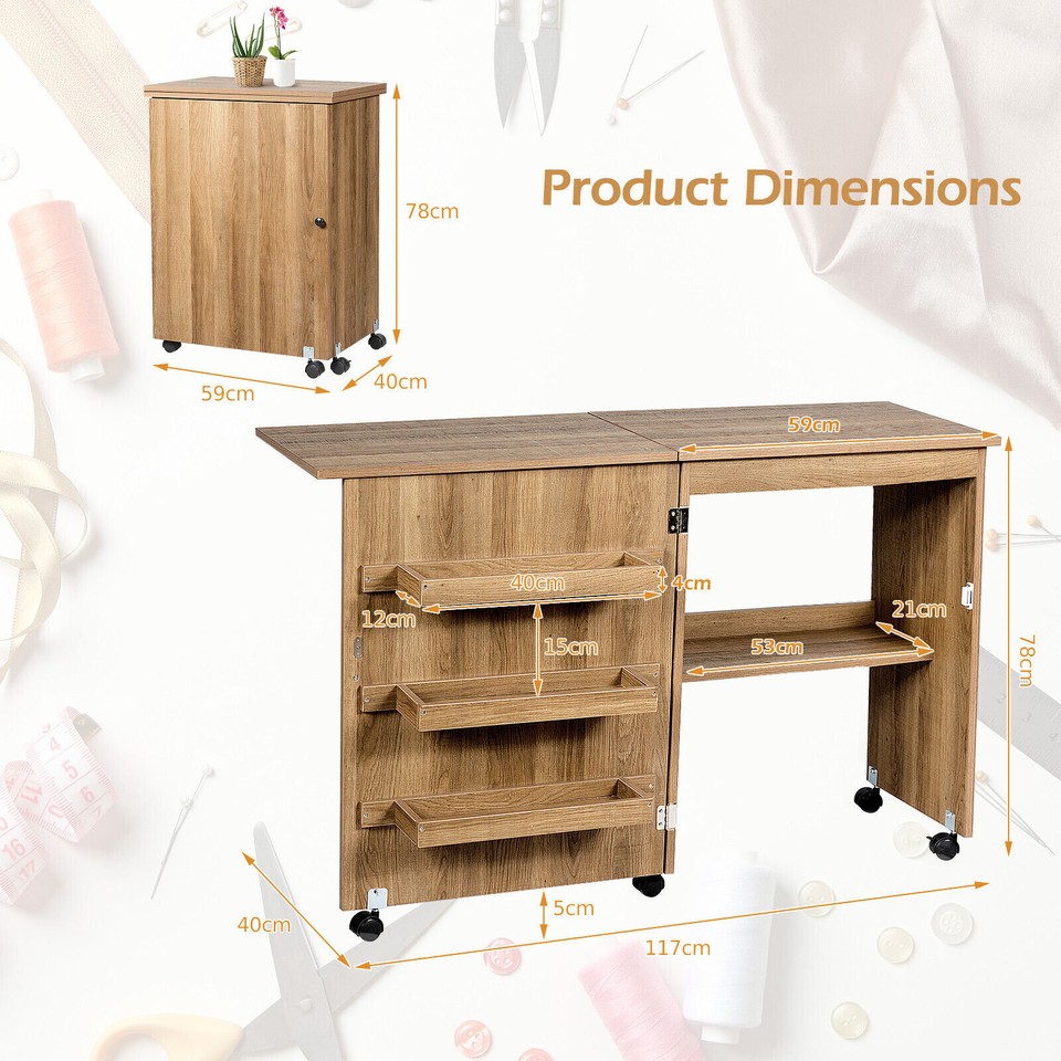 2-In-1 Folding Sewing Table Rolling Craft Table Movable Sewing Desk w ...