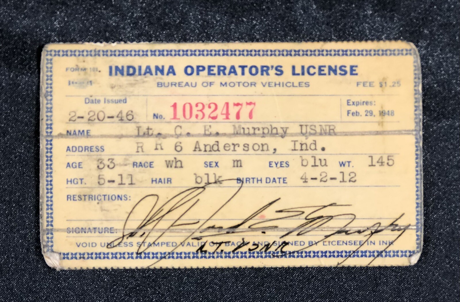 Original 1946 Indiana Operator’s License Bureaus Of Motor Vehicles Of ...