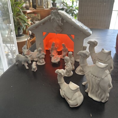 Vintage Duncan Mold Christmas Ceramic Nativity Set & Creche with Light ...