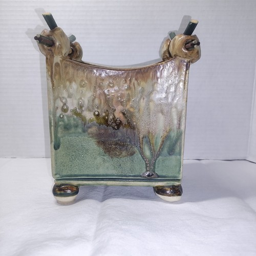 Wellman And Welsh Studio Pottery Planter Drip Glaze Brown Green Bamboo ...