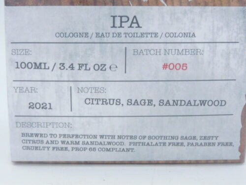IPA COLOGNE 3.4oz DISTILLERY SERIES - FACTORY SEALED *Batch Number 005 ...