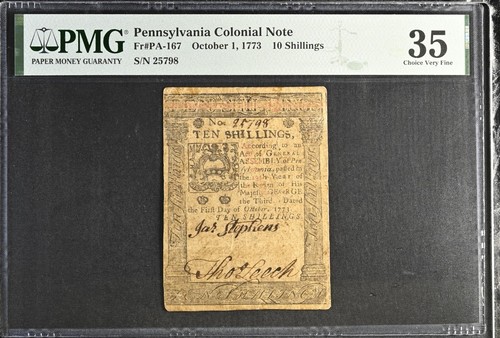 1773 10 Shillings Pennsylvania Colonial Note PA-167 - PMG 35 Choice VF ...