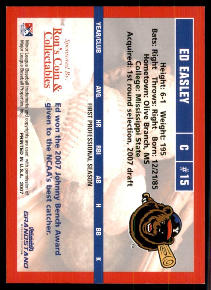 2007 Grandstand Ed Easley IP Signed Auto Yakima Bears #15 | eBay