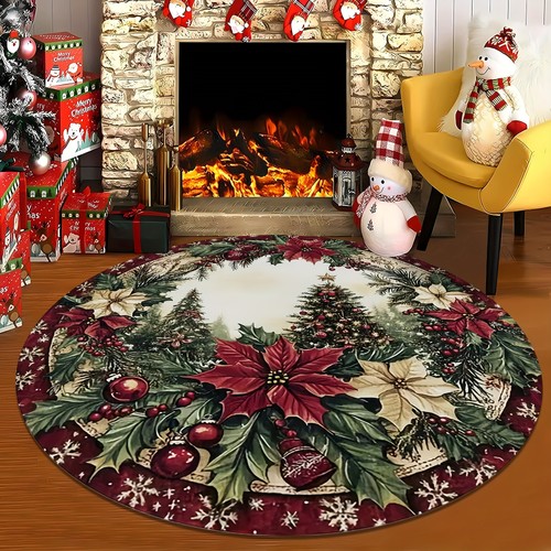 A Christmas-Themed Round Mat Featuring Decorations And Gifts for The ...