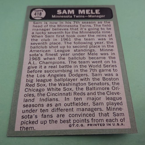 1967 Topps Sam Mele Minnesota Twins Baseball Manager Card #418 EX-MINT ...