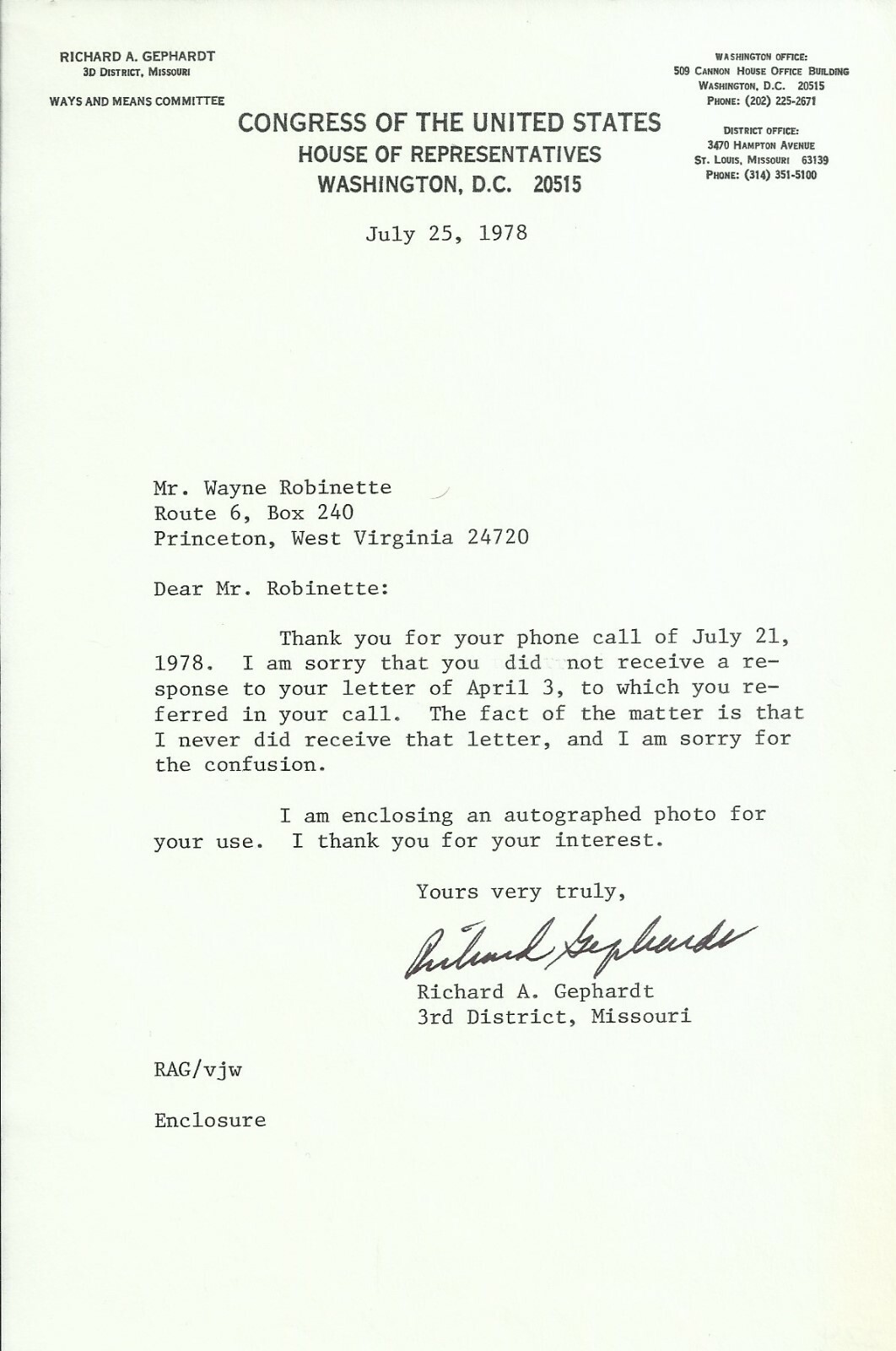 Richard Gephardt - U.S. Representative Original Autograph Signed 1978 ...