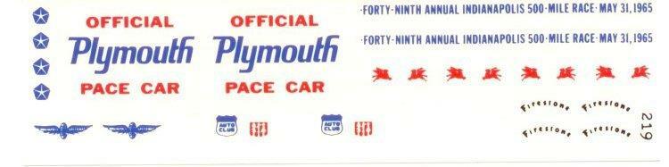 Fred Cady 219 65 Plymouth Indianapolis 500 1/25 Pace Car waterslide ...