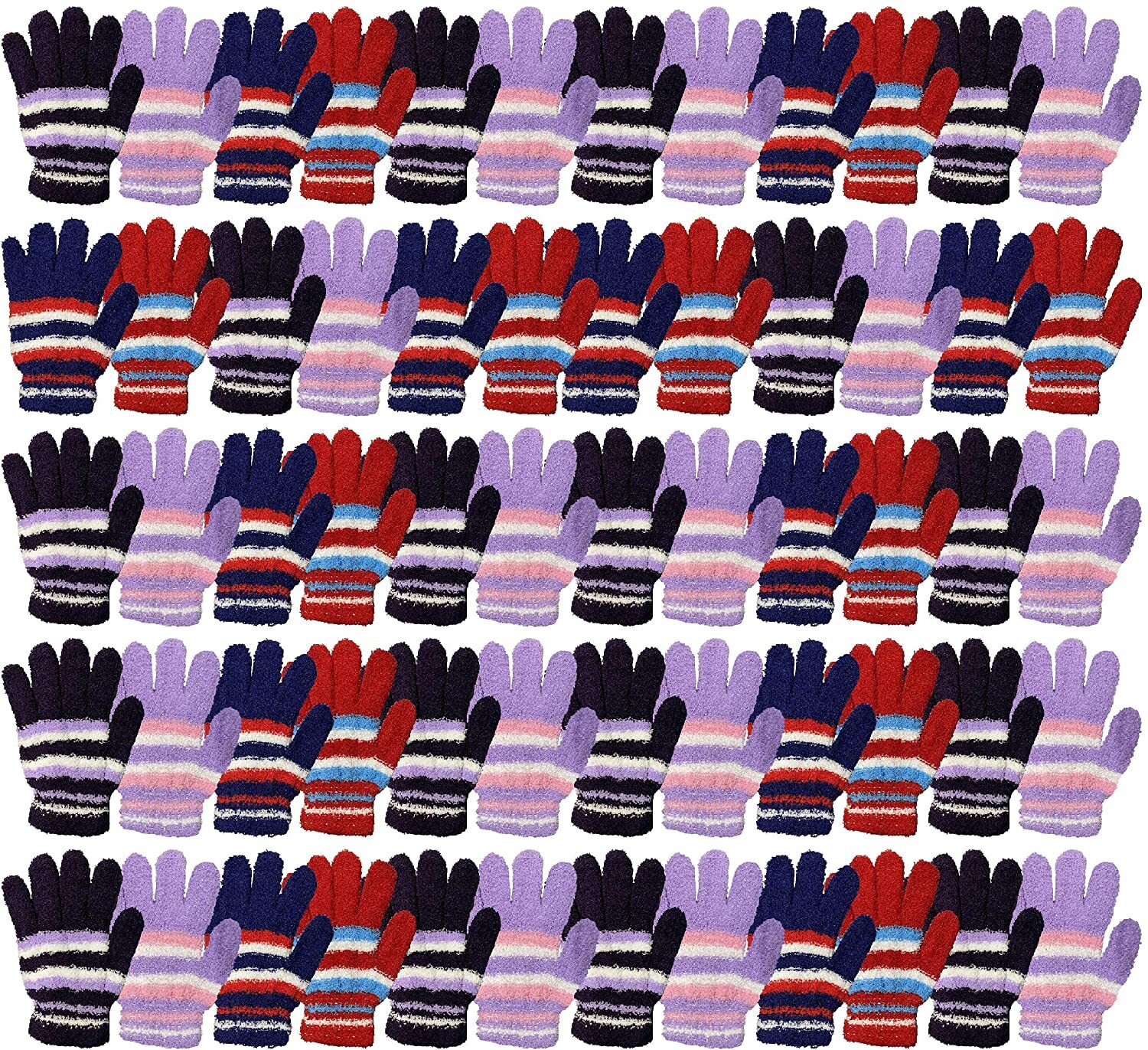 60 PK of Women's Fuzzy Gloves, Magic Stretch Striped and Solid Winter ...