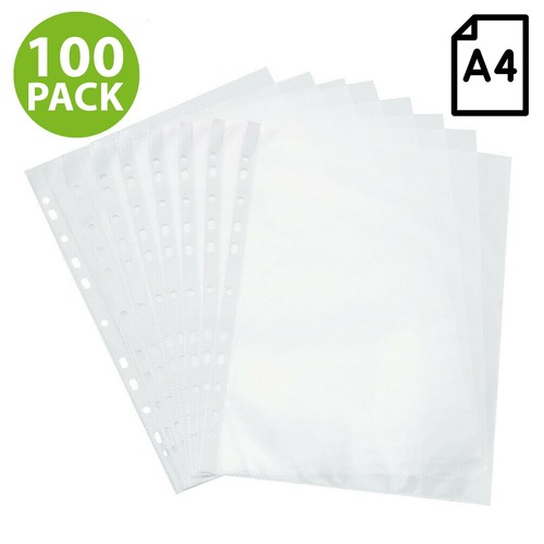 100 X A4 PLASTIC PUNCH PUNCHED POCKETS FOLDERS FILING WALLETS SLEEVES ...