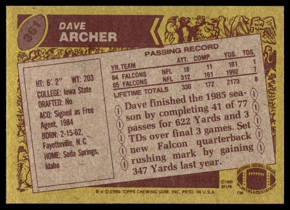1986 Topps Dave Archer Atlanta Falcons #361 | eBay