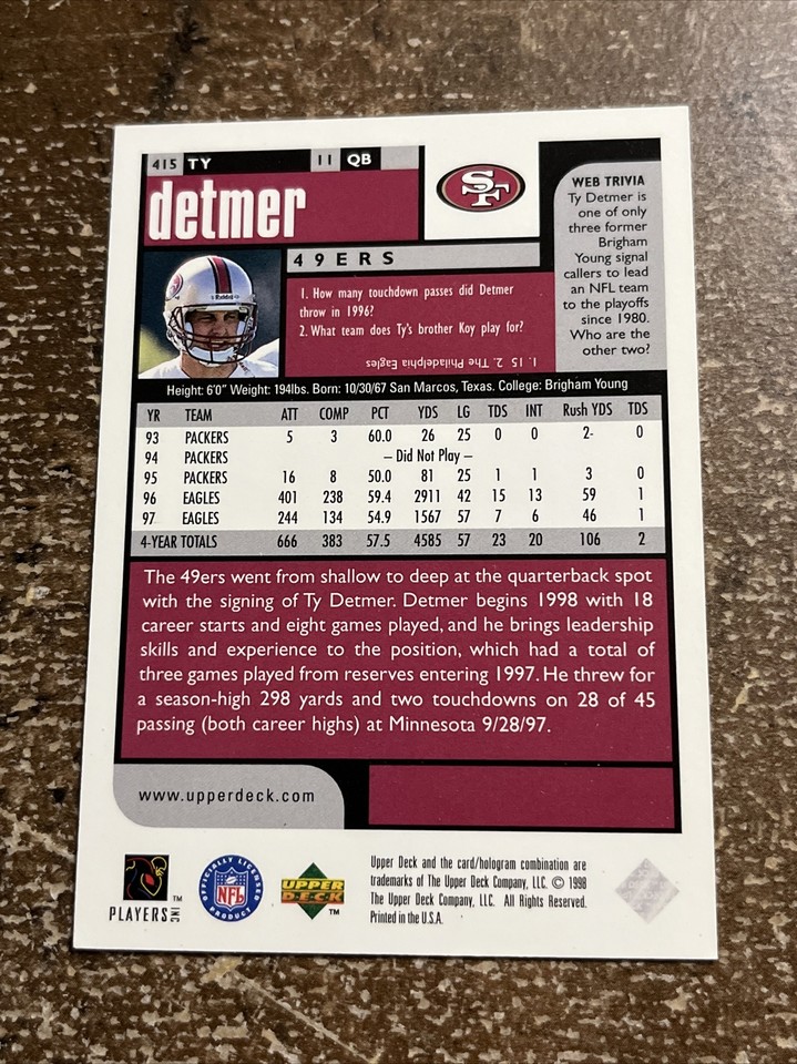 1998 Upper Deck UD Choice Ty Detmer #415 San Francisco 49ers NFL | eBay