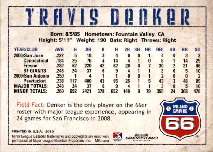 2010 Inland Empire 66ers Grandstand #9 Travis Denker Fountain Valley ...