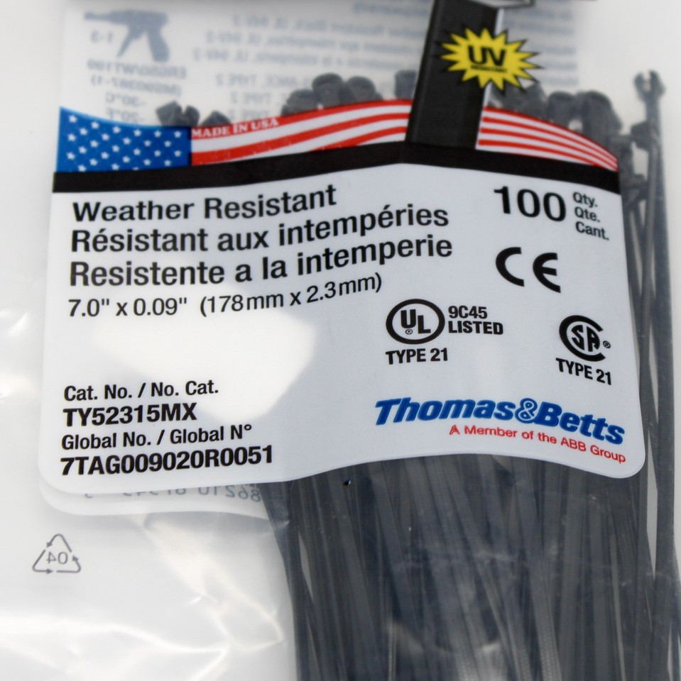 100 Pack Thomas & Betts TY52315MX Ty-Rap Nylon UV Resistant 7" Cable ...