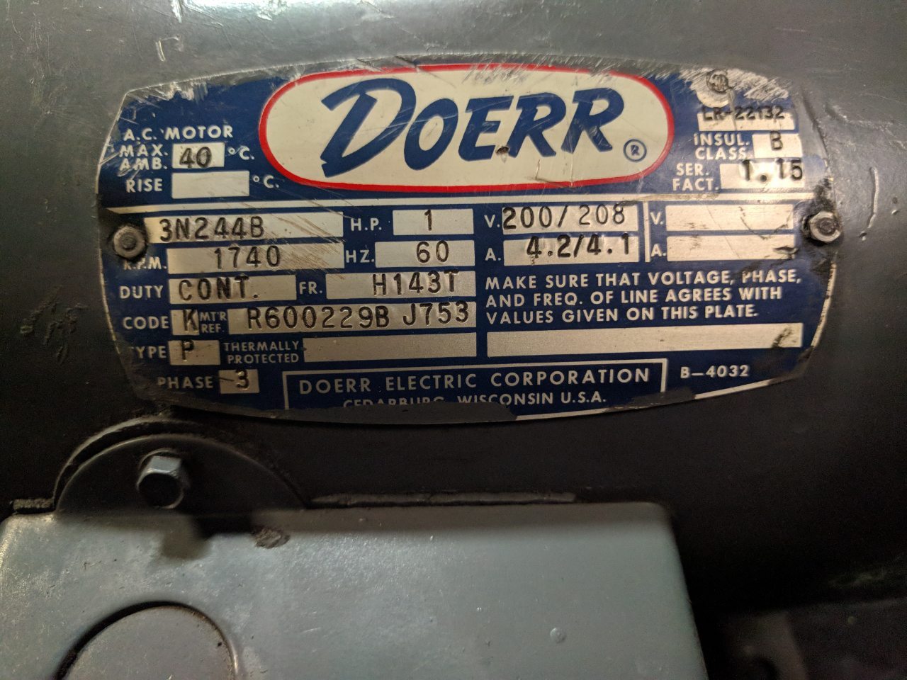 Doerr 1 HP A.C. Motor 3 ph 200/208 vac | eBay