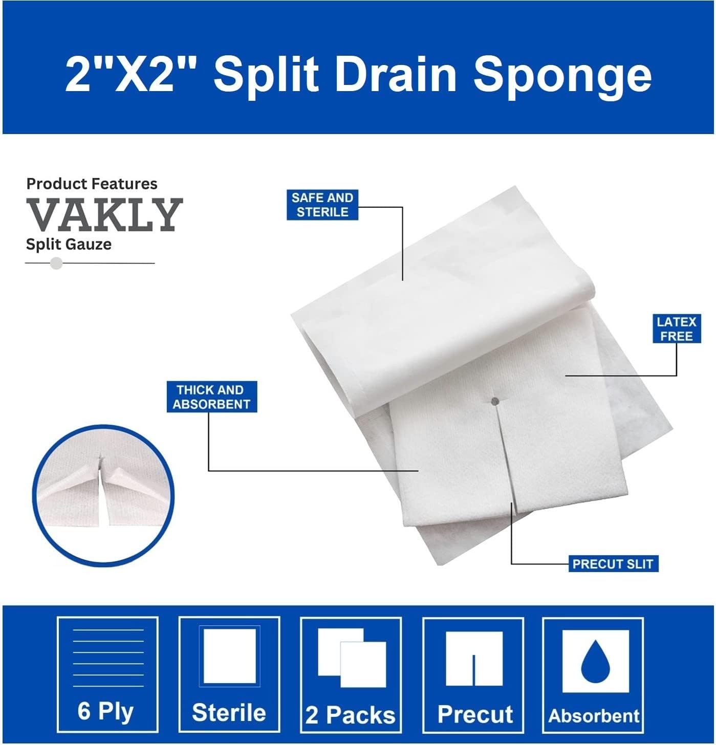 Split Drain Sponge Gauze 2x2 Sterile 6 Ply Pads [Pack of 70] 36 Piece ...