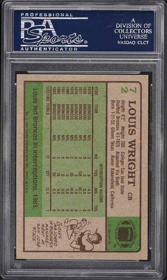 1984 Topps FB Card # 72 Louis Wright Denver Broncos HOF PRO-BOWL PSA 9 ...