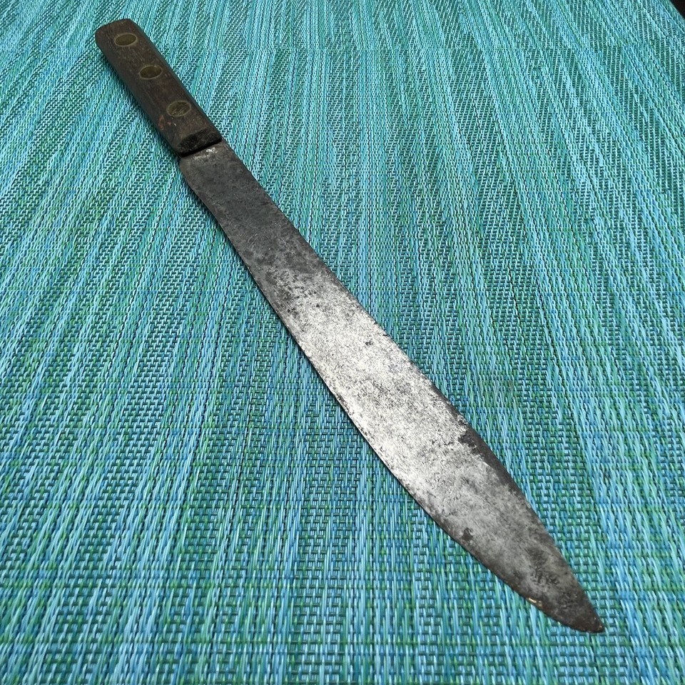 Vtg Carving Butcher Knife 9” Blade Full Tang Dark Wood Handle Rivets ...