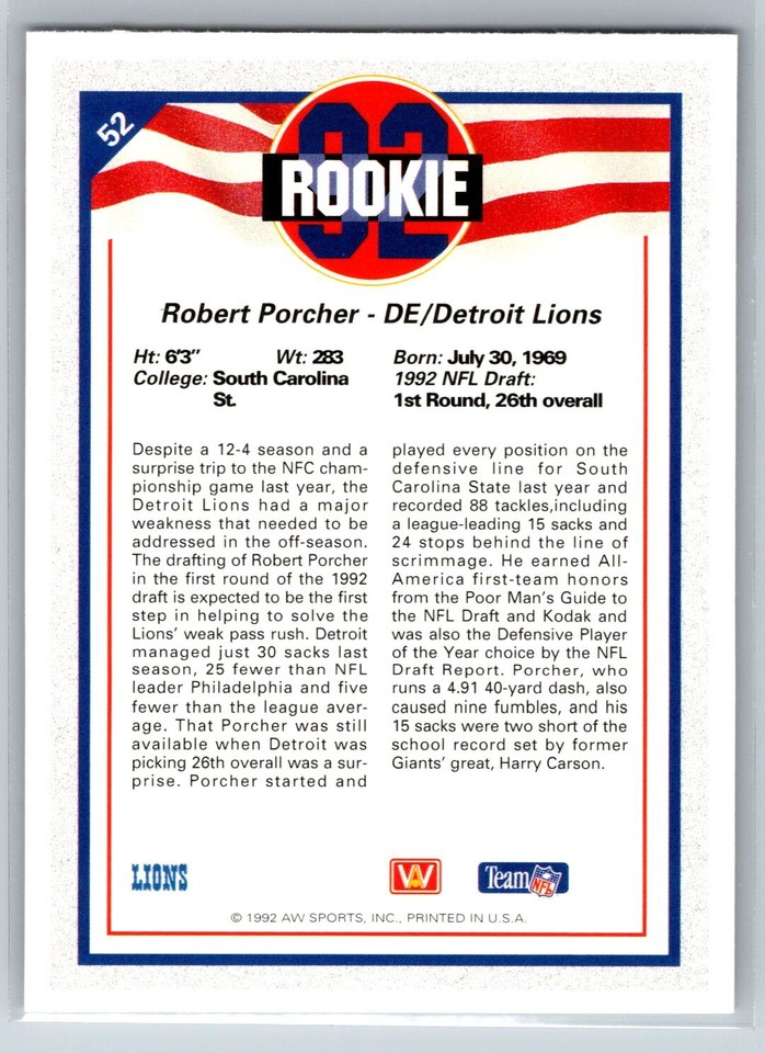 1992 All World Robert Porcher Rookie Detroit Lions RC #52 | eBay