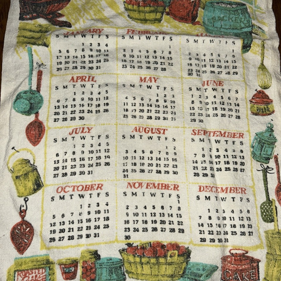 Vintage 1969 Linen Wall Calendar Kitchen Tea Dish Towel General Store ...