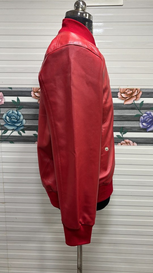 Men's Red Leather Bomber Jacket 100% Real Lambskin Baseball Varsity ...