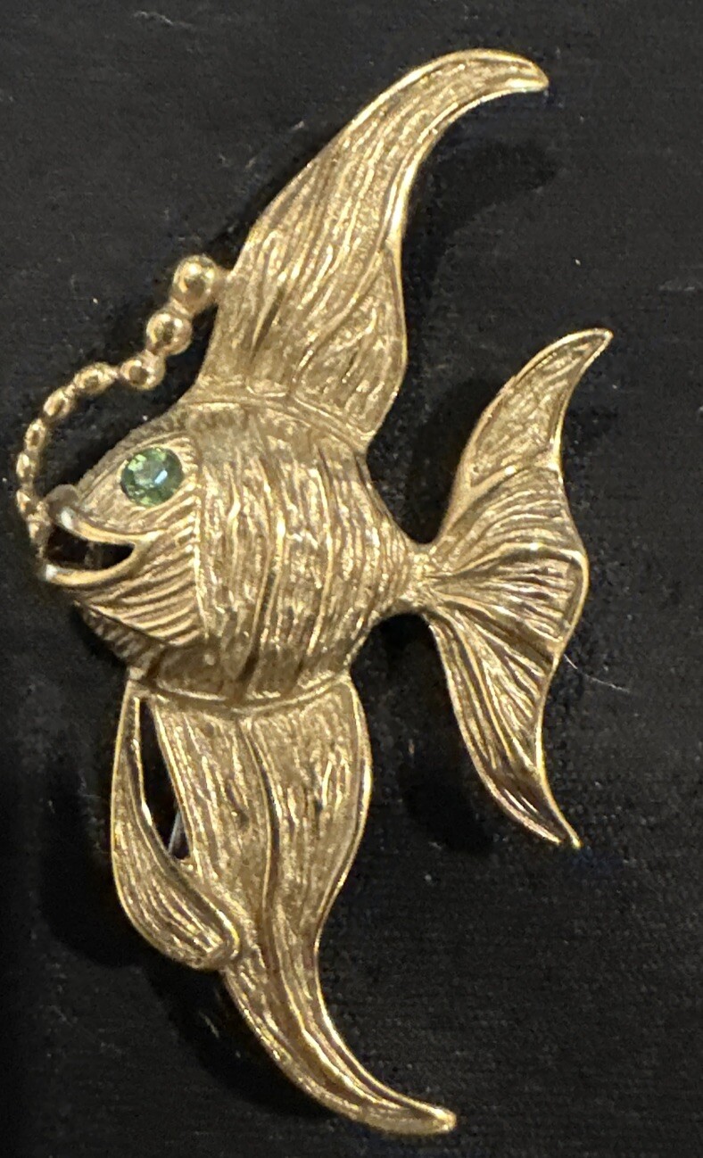 14K Gold Overlay Angel Fish Brooch/Pin ANTIQUE With E… - Gem