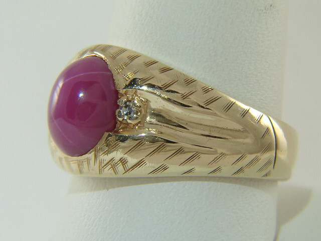 Vintage Mens 14K Yellow Gold 3.89ctw Linde Star Ruby Cabochon & Diamond ...