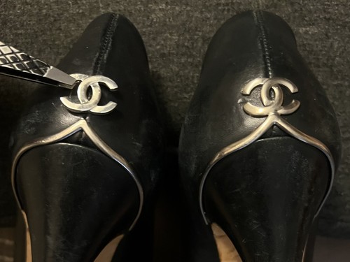 Vintage Chanel Shoes, 7 / 37, 4” Stiletto, Black Pumps, Silver CC Logo ...