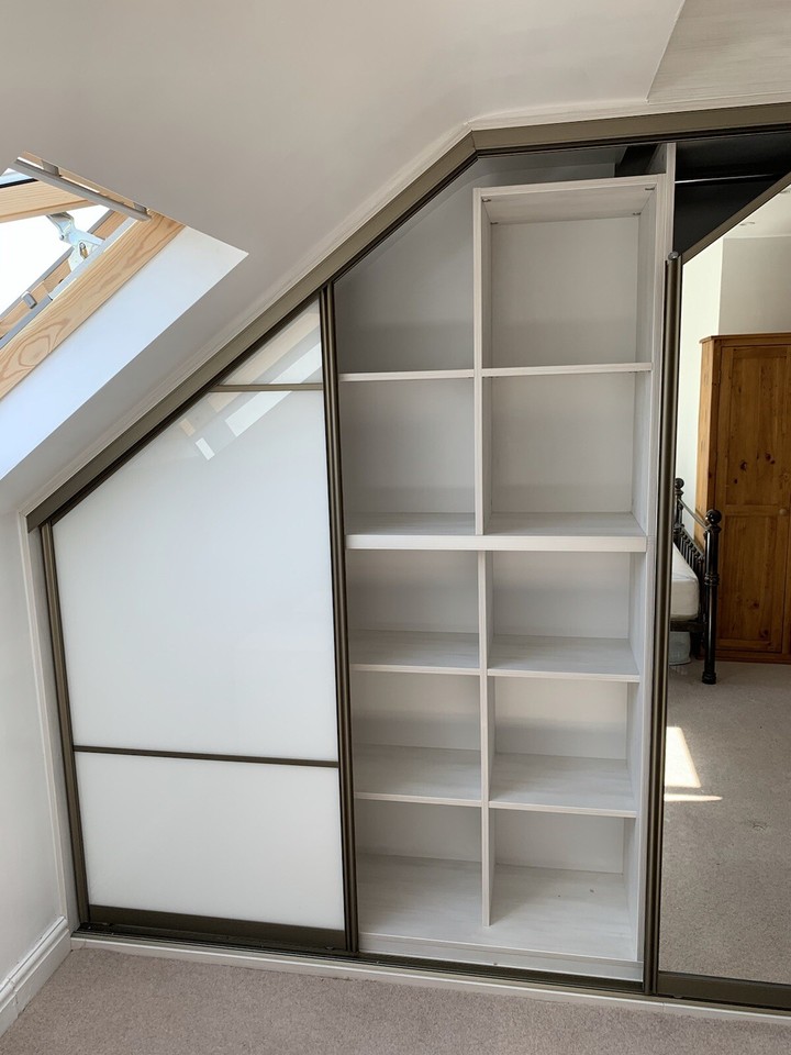 Loft Slope roof alcove angled wardrobe storage, sliding Hinged doors ...