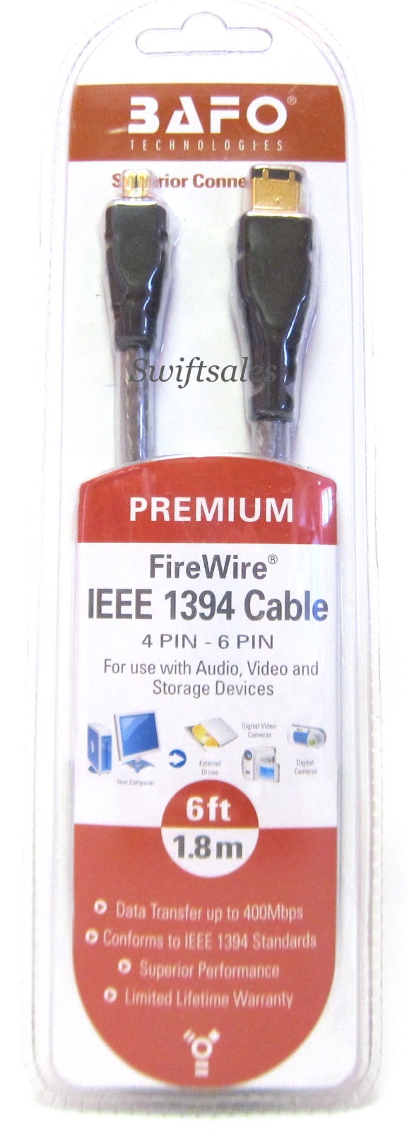 BAFO Premium IEEE 1394 Firewire / Sony i.LINK Cable 6FT 4/6 4 Pin To 6 ...