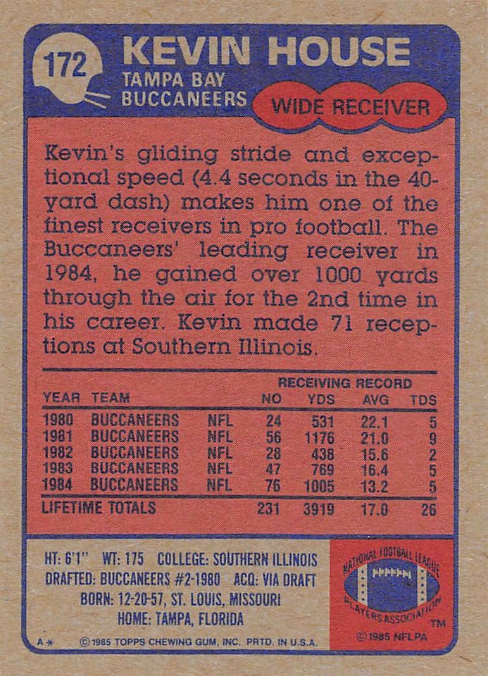 Kevin House 1985 Topps #172 Buccaneers ID:24360 | eBay