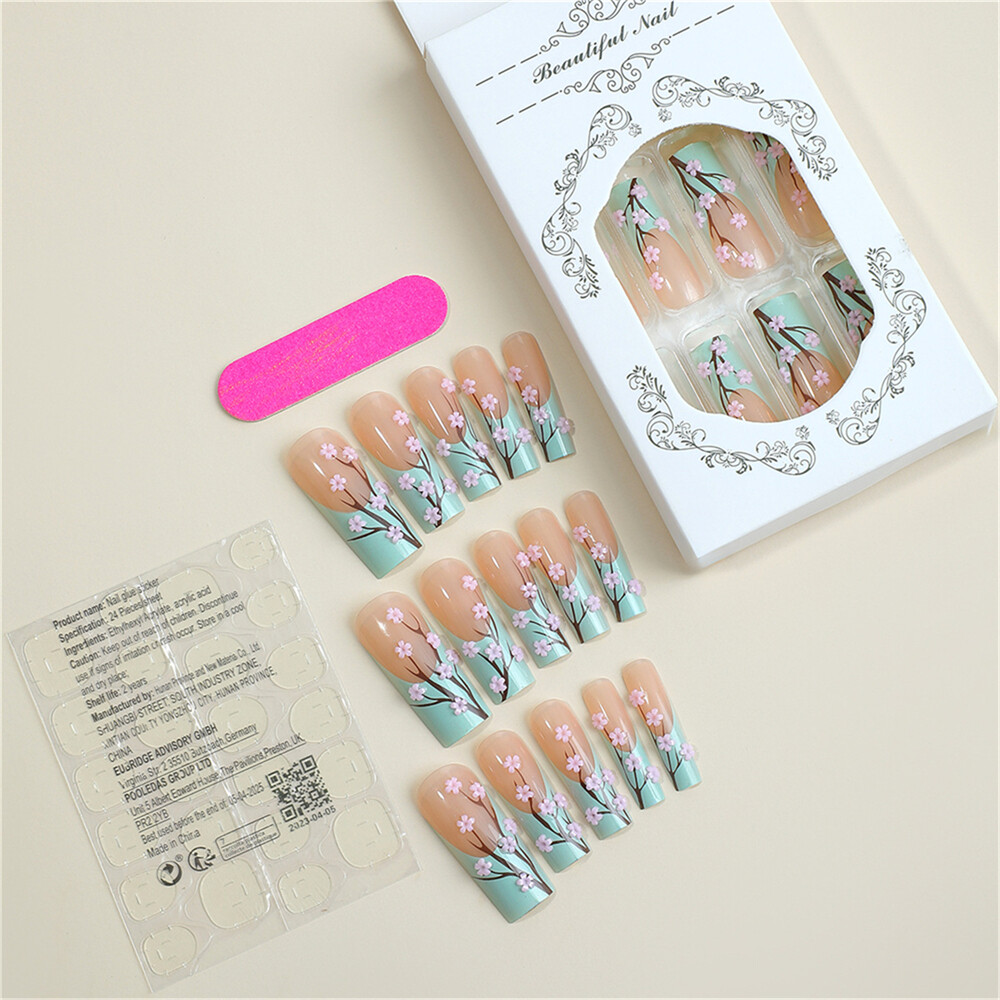 24pcs Square Long Fake Nail Retro Flowers French Press On Nails For
