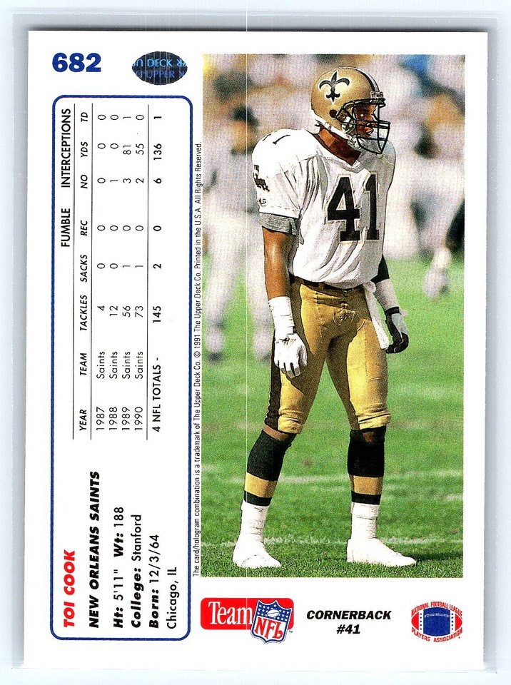 1991 Upper Deck #682 Toi Cook Football Rookie New Orleans Saints | eBay