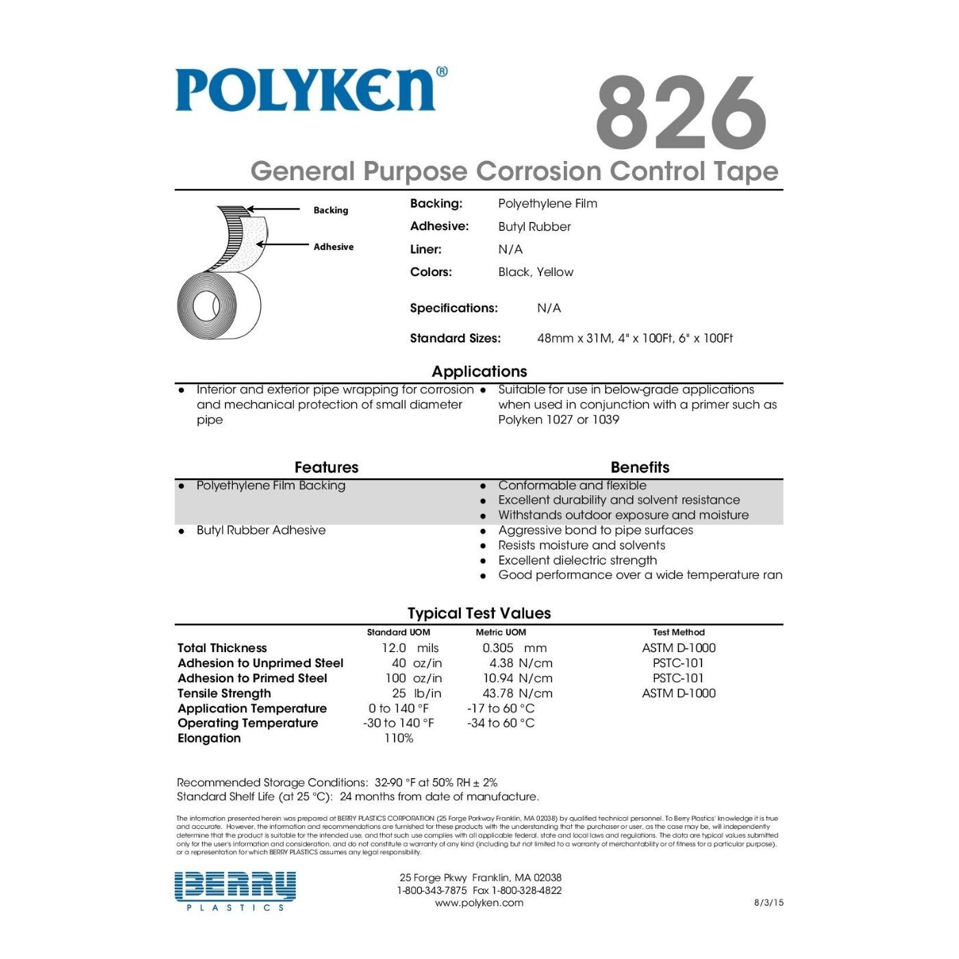 POLYKEN 826 Yellow Polyethylene Corrosion Protection Tape - 4in Width x ...