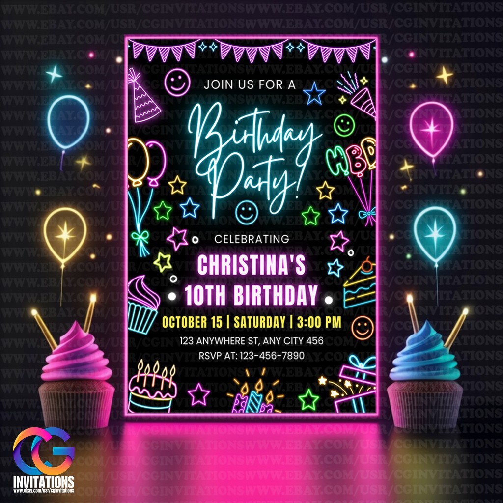 Neon Girl Birthday Invitation Custom Customize 151+ Neon Party