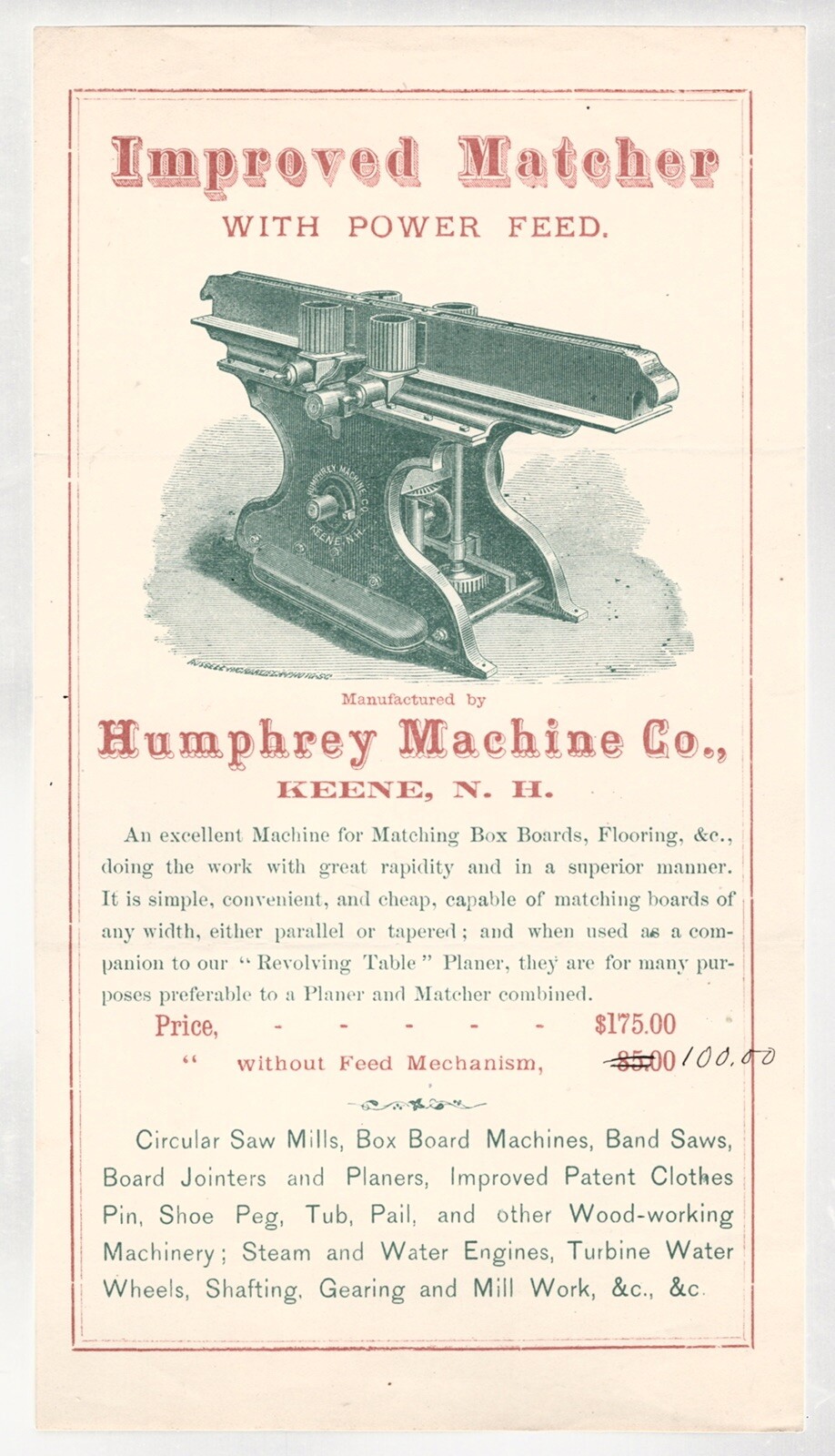 1890s AD FLIER HUMPHREY MACHINE CO KEENE NH MATCHER W/ POWER FEED BOX ...