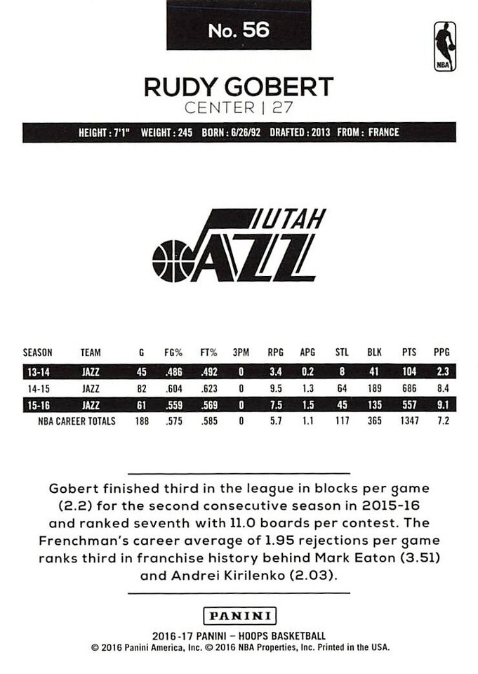 Rudy Gobert 2016 Hoops #56 Utah Jazz | eBay