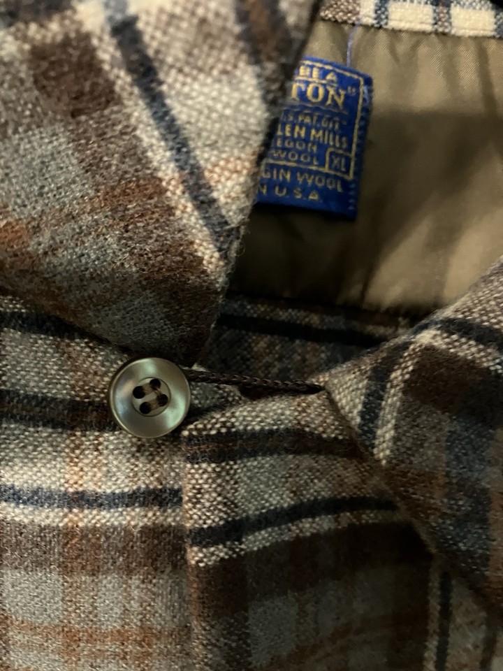 Vintage 70’s Pendleton Board Shirt Loop Collar USA Brown Blue Plaid 100% Wool XL | eBay