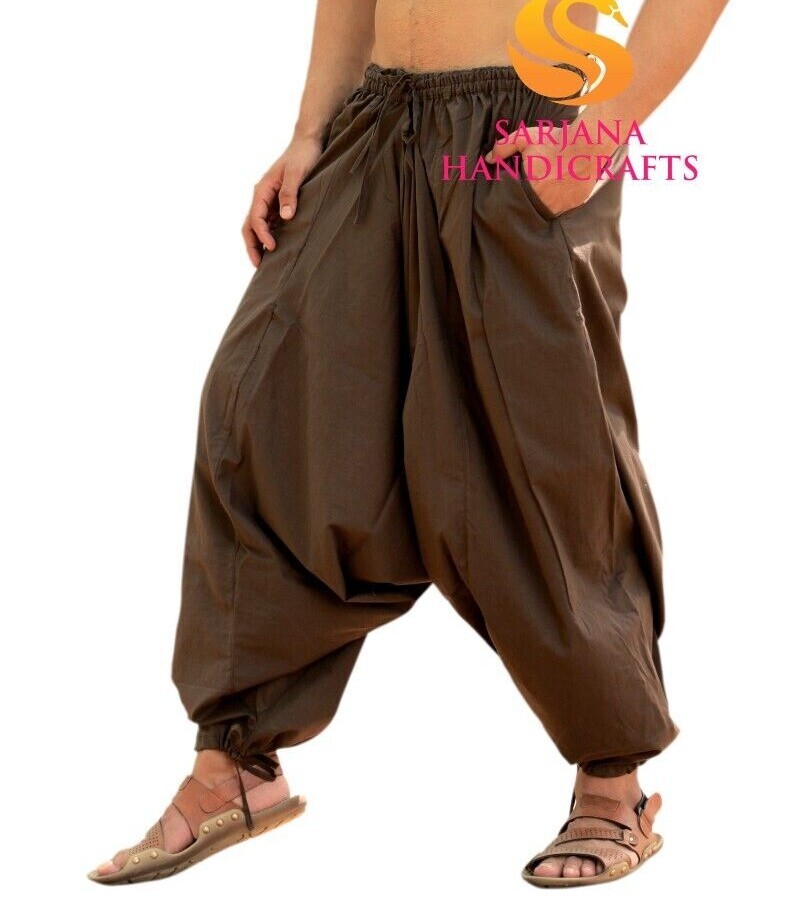 Men Women Cotton Solid Brown Harem Pants Gypsy Hippie Drop Crotch ...