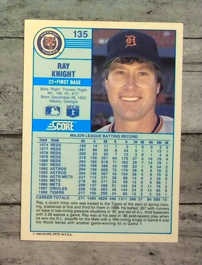 1989 Score Baseball Card #135 Ray Knight (Reversed Negative) Detroit ...