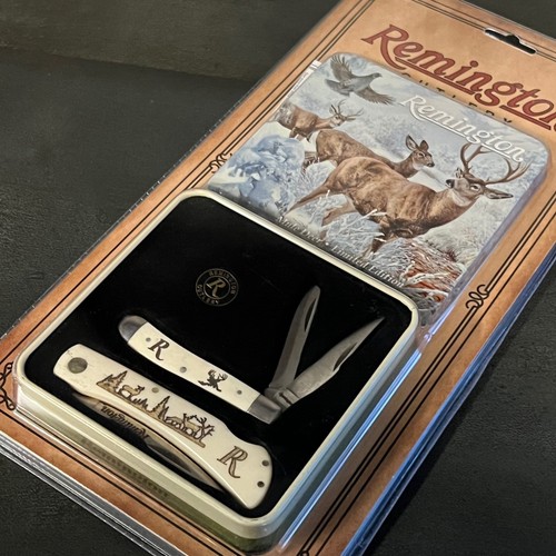 Remington Mule Deer 2 Knife Tin Set White Smooth Bone Scrimshaw Artwork ...