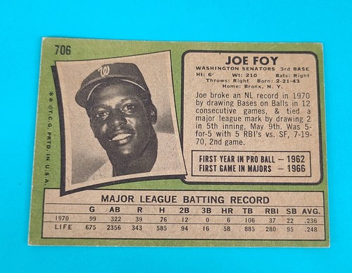 1971 Topps High Number #706 Joe Foy Washington Senators BASEBALL Card ...
