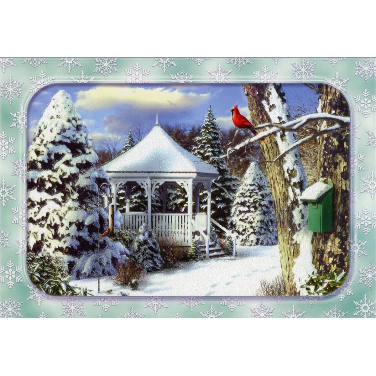 Snow Covered Gazebo Evergreen Trees and Cardinal Box of 15 Christmas ...